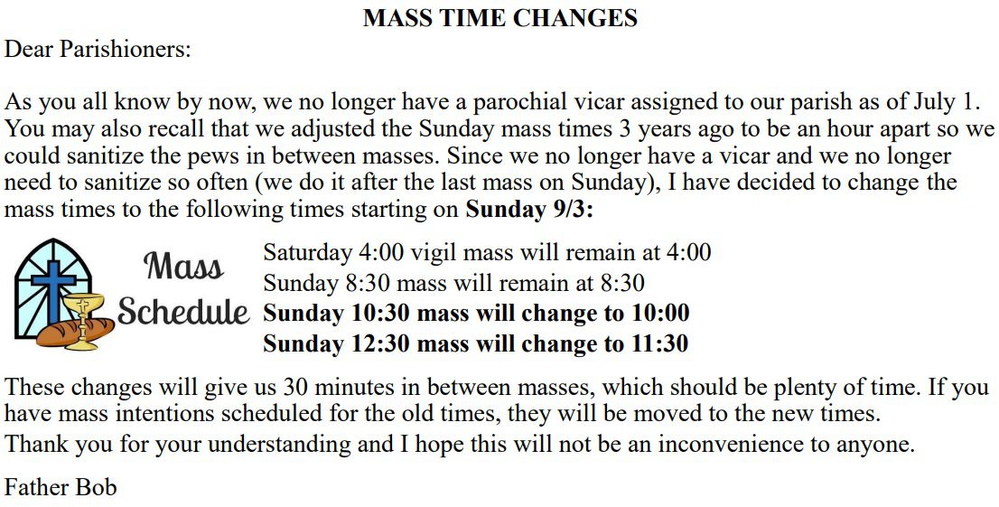 REMINDER: Mass Times Change – St. Mark the Evangelist Parish