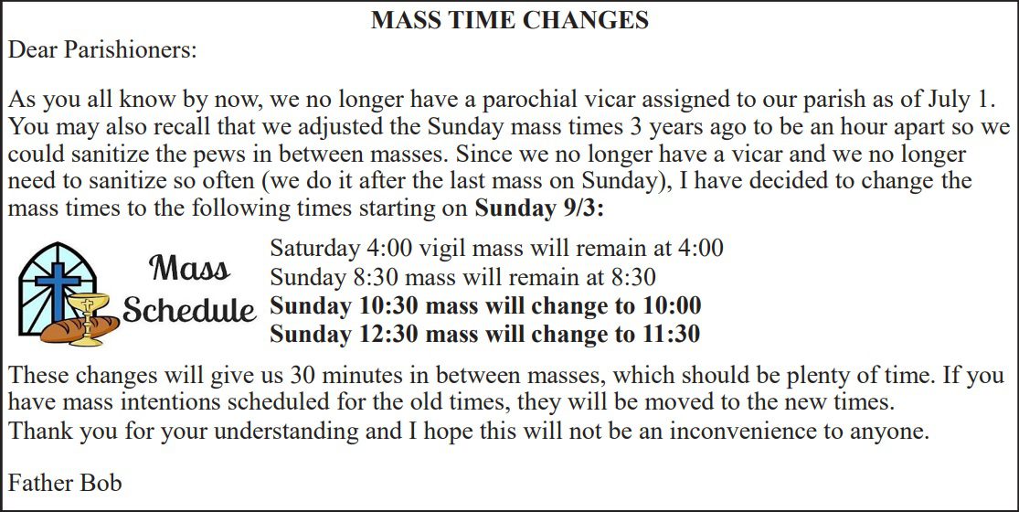 REMINDER: Mass Time Changes – St. Mark the Evangelist Parish